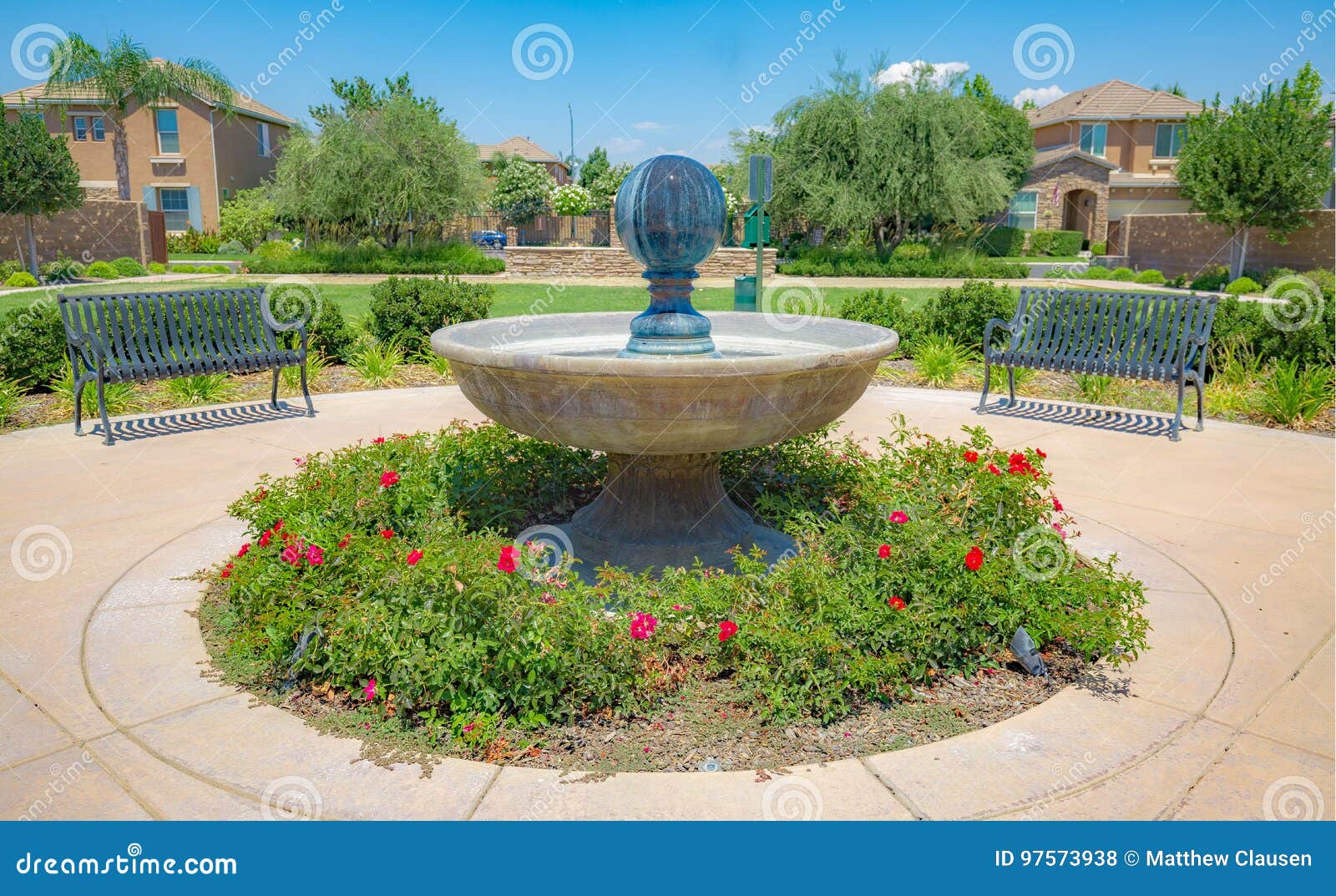 Park Fountain with Benches stock photo. Image of frame - 97573938
