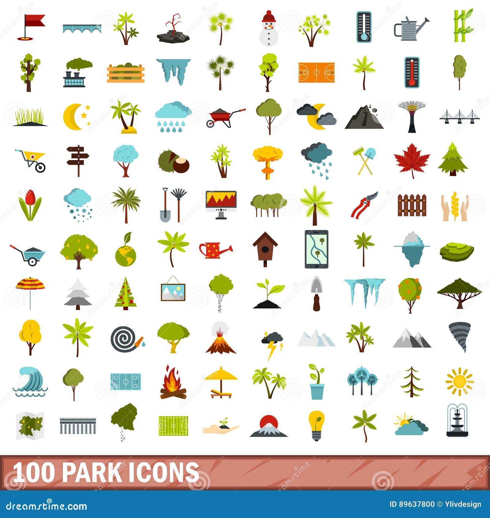 100 Park Icons Set, Flat Style Stock Vector - Illustration of gardening ...