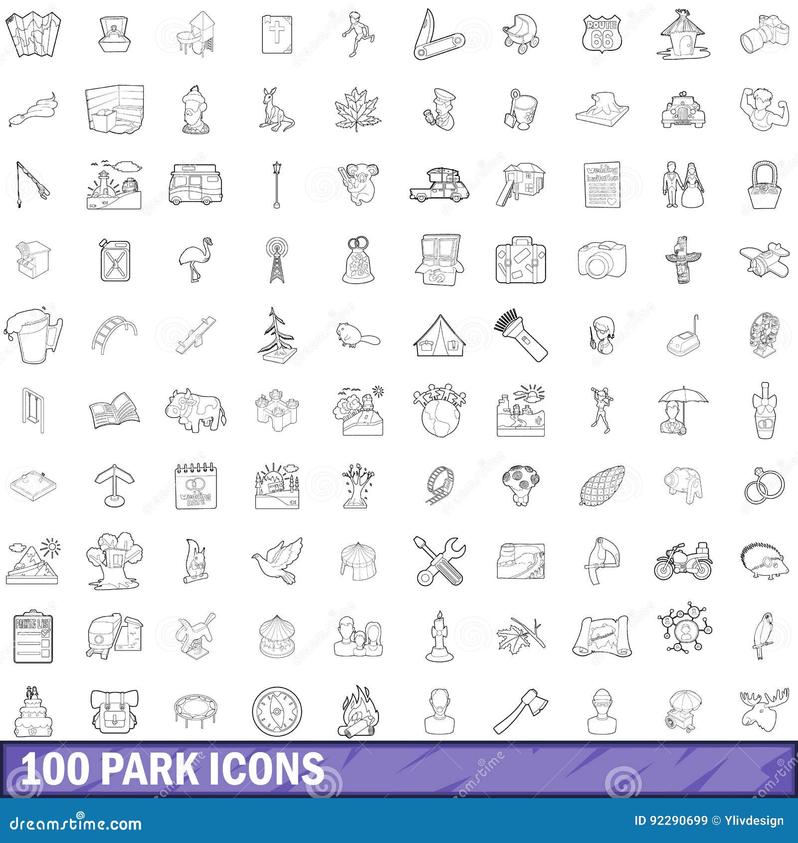 100 Park Icons Set, Outline Style Stock Vector - Illustration of fence ...