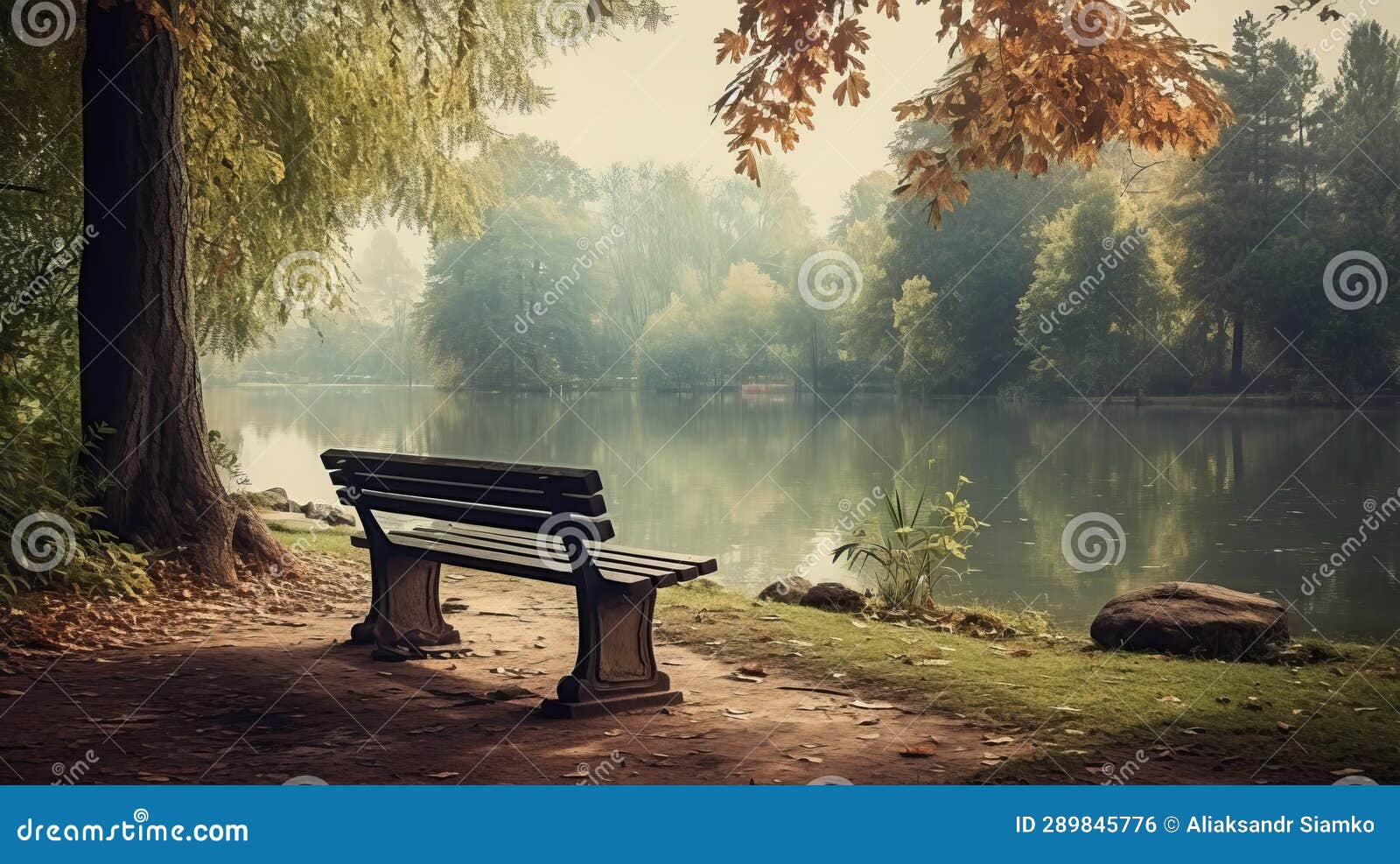 Park Lake with Forest and Park Bench. Park Bench Nostalgic Concept ...