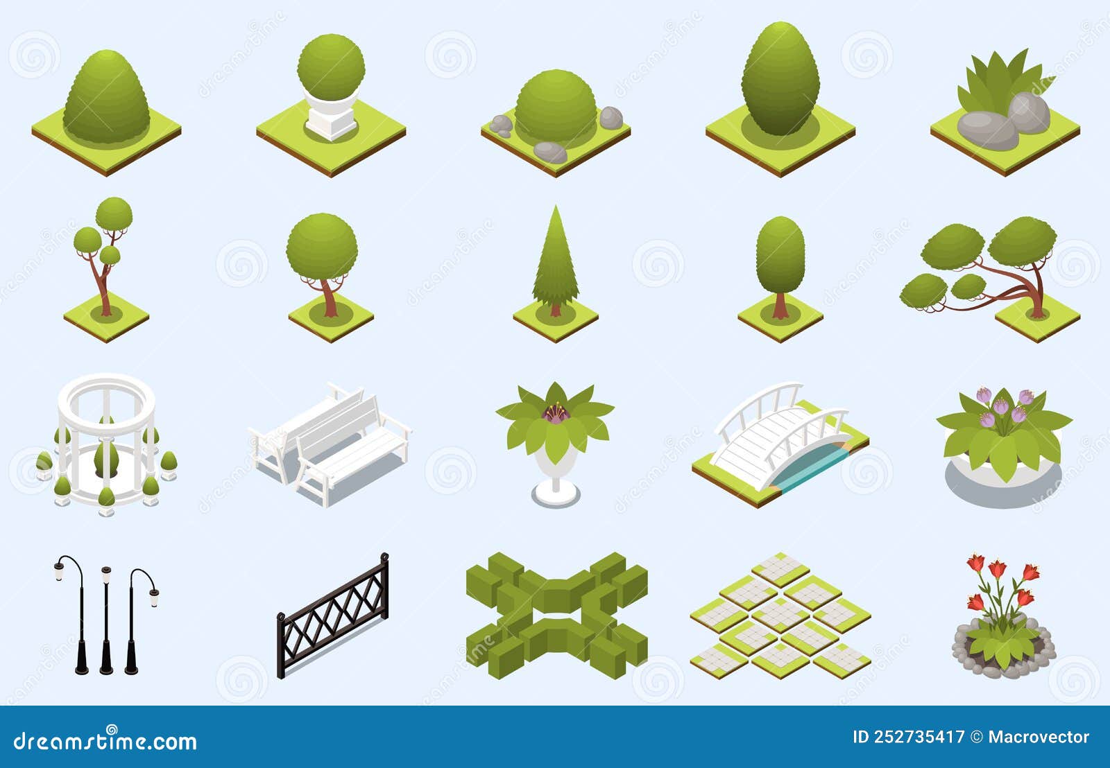 Park Landscape Elements Set Stock Illustration - Illustration of bushes ...
