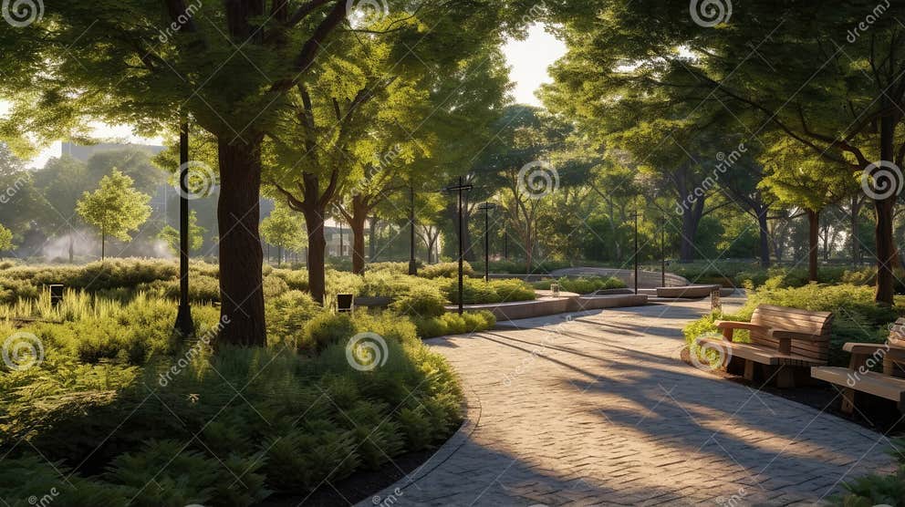 A Park Landscape with Thoughtfully Designed Pathways, Seating Areas ...