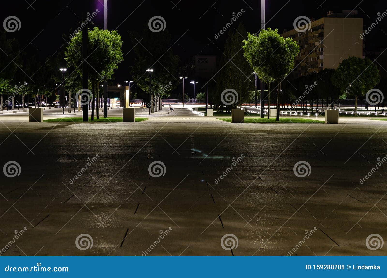 Park at Night with Lighting and Walking Paths. Stock Photo - Image of ...