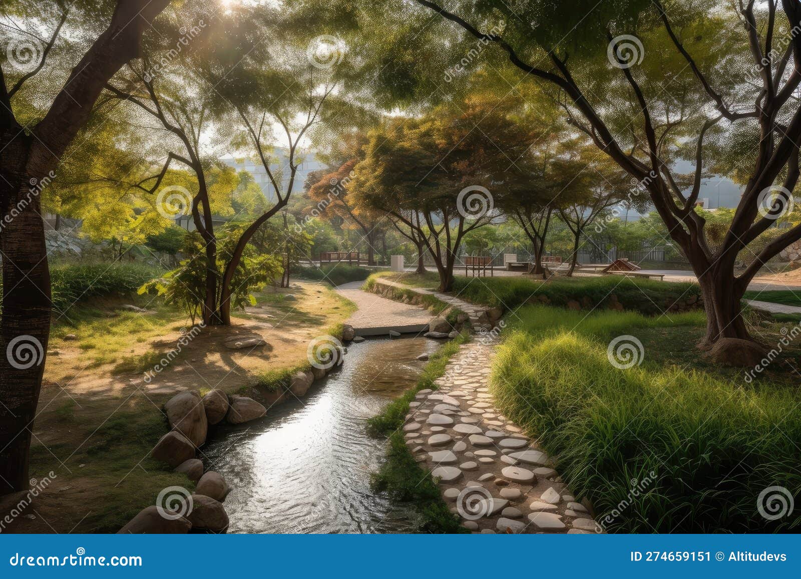 Park with Pathways, Trees and Stream Providing Peaceful Atmosphere ...