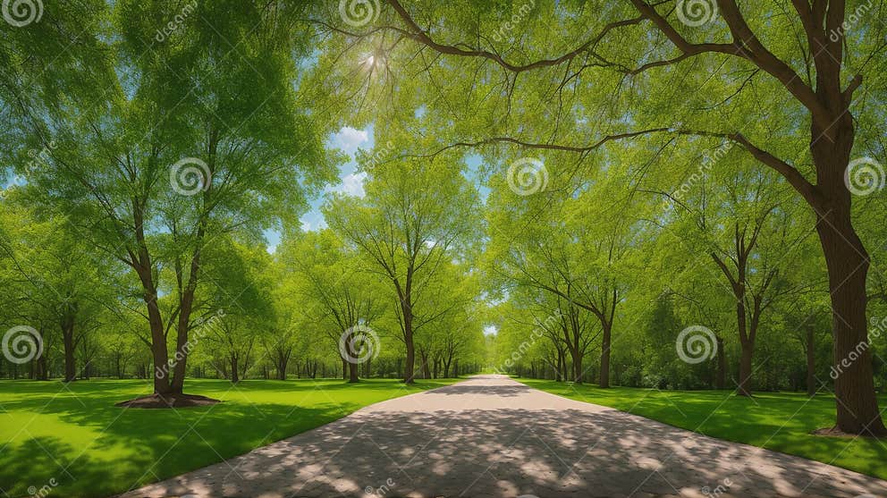 A Park with a Paved Path and Trees Stock Illustration - Illustration of ...
