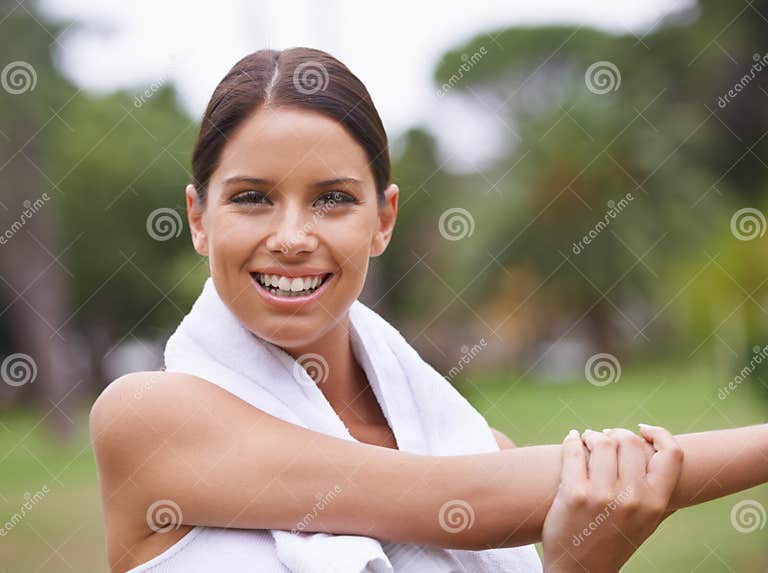 Park Portrait Or Happy Woman Stretching Arms In Running Training