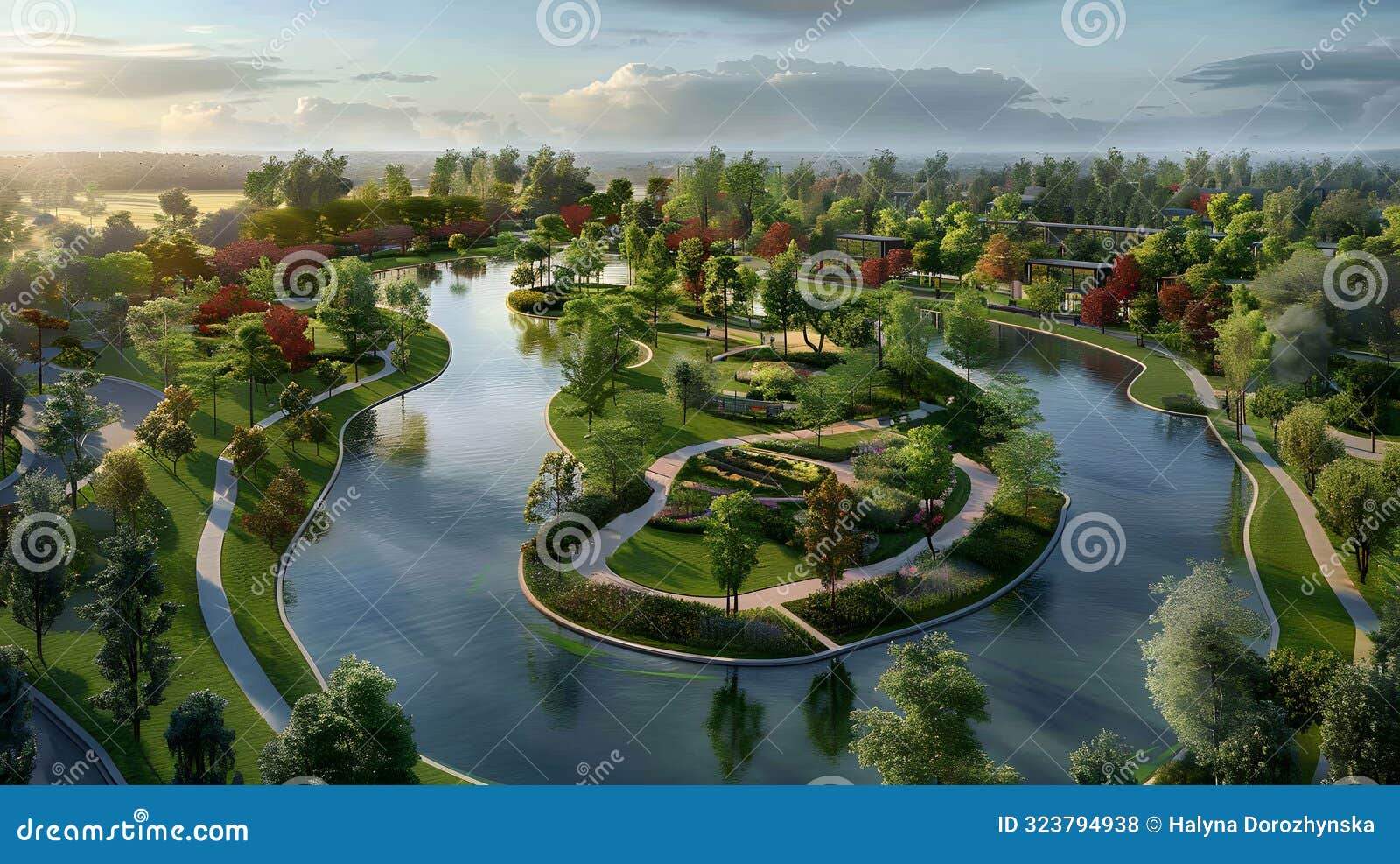 Park Project Rendering with Winding River. Generative by AI Stock ...