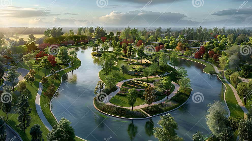 Park Project Rendering with Winding River. Generative by AI Stock ...