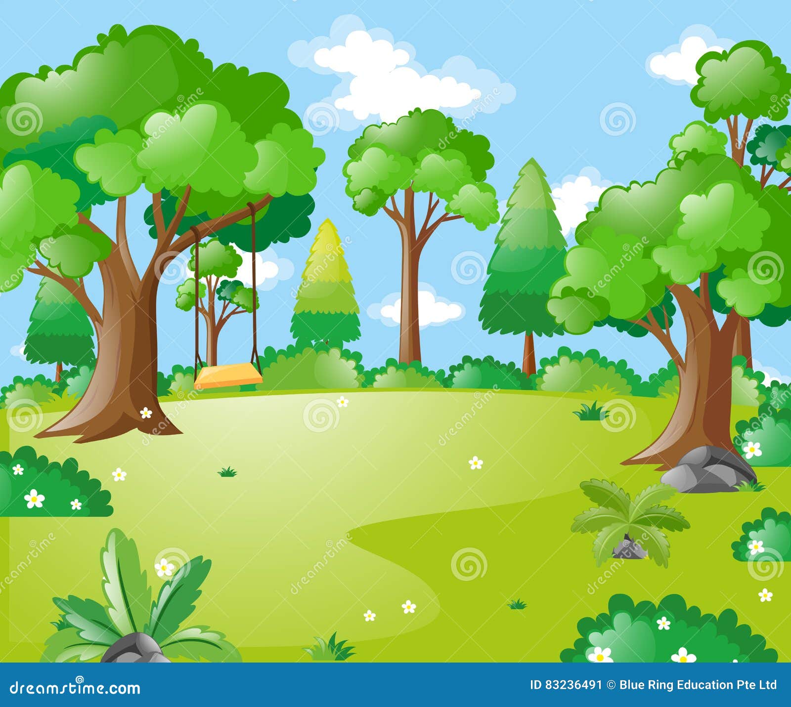 Park Scene with Many Trees and Swing Stock Vector - Illustration of ...