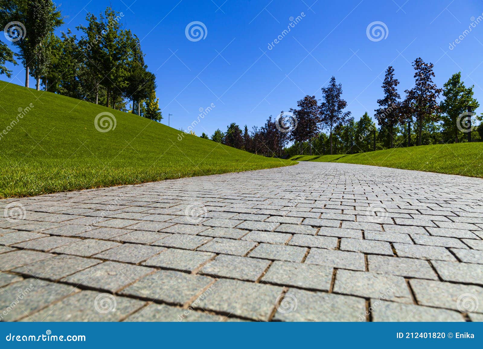Park in the Summer. Walkway and Green Lawn Stock Photo - Image of hill ...