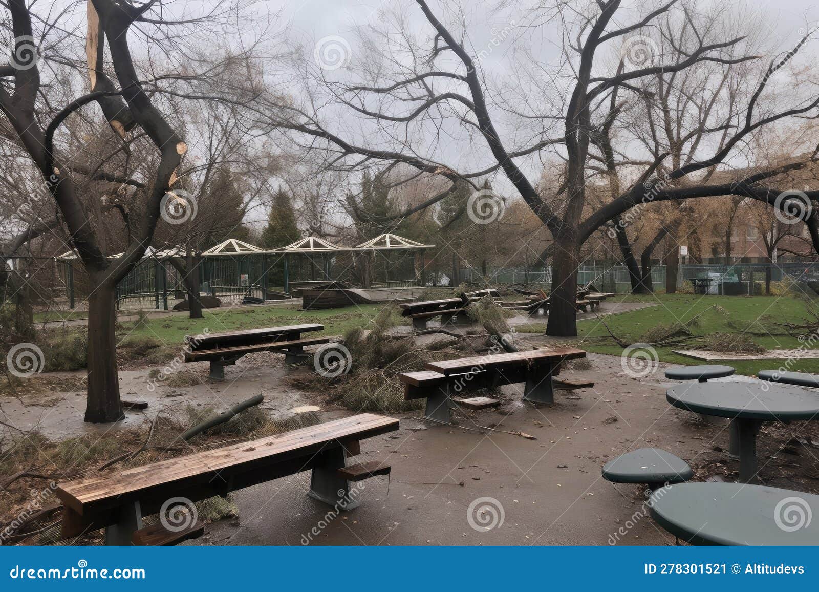 Park, Surrounded By Devastation And Debris From The Storm, With Broken ...