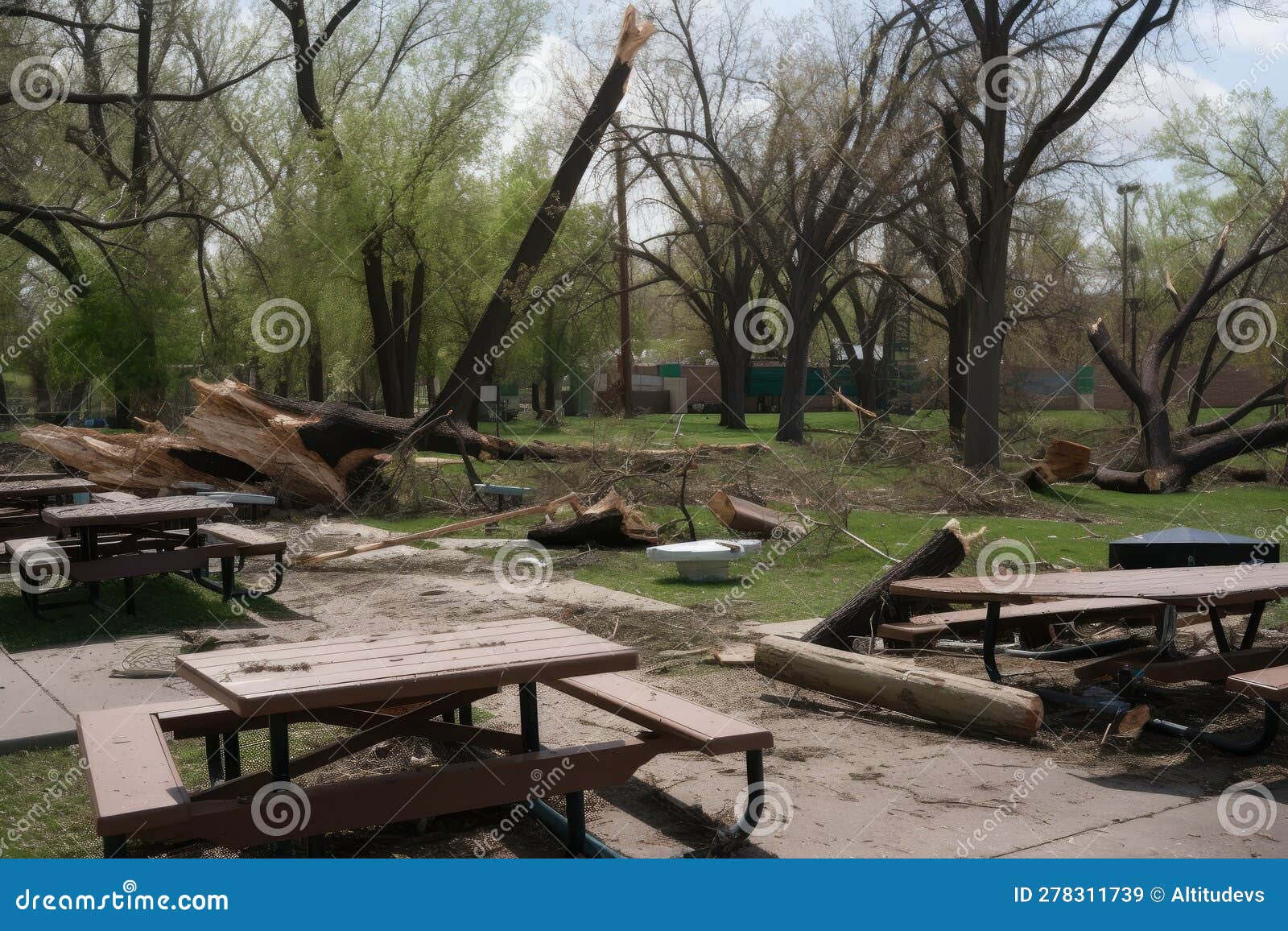Park, Surrounded By Devastation And Debris From The Storm, With Broken ...