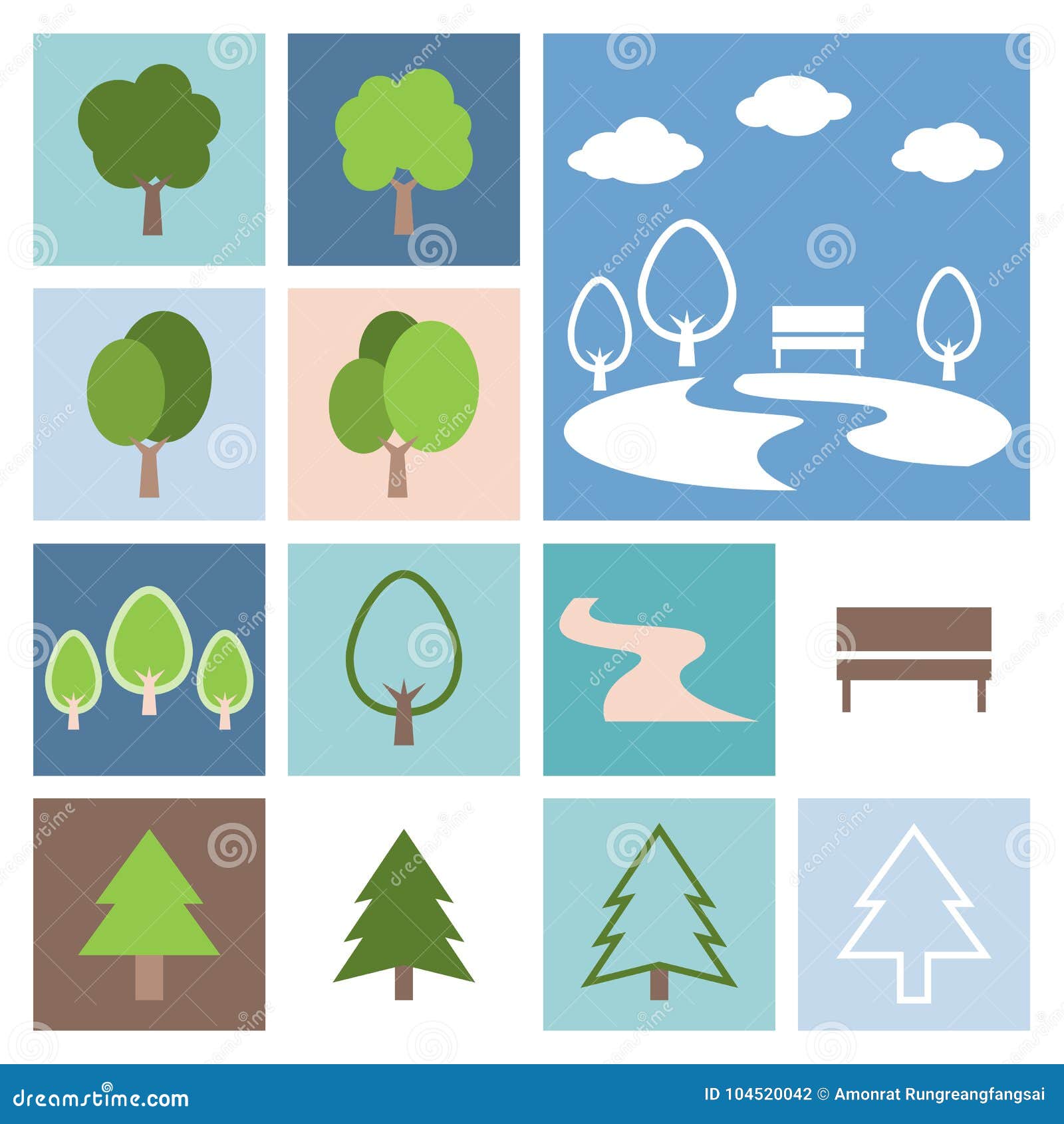 Park and tree icon set stock vector. Illustration of design - 104520042