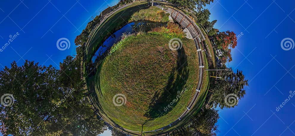 Park with Trees and Pond in Little Planet Effect Stock Image - Image of ...