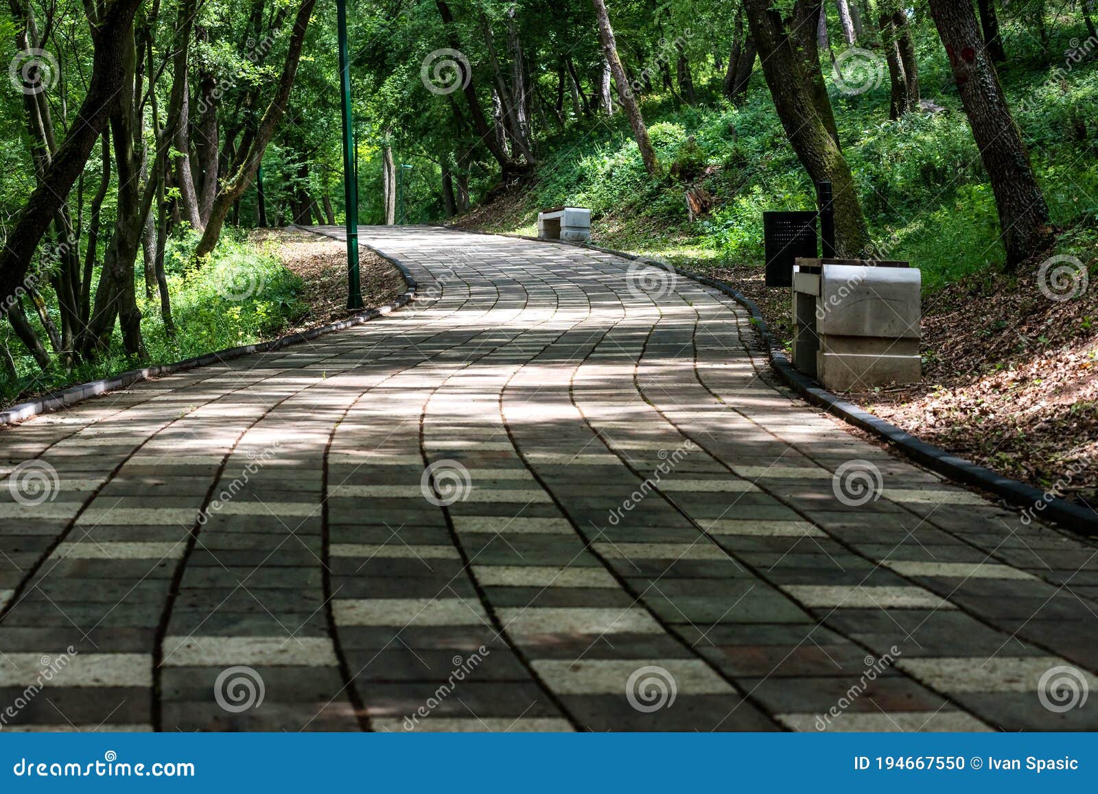 Park Walkway with Benches in the Spring Stock Photo - Image of outside ...