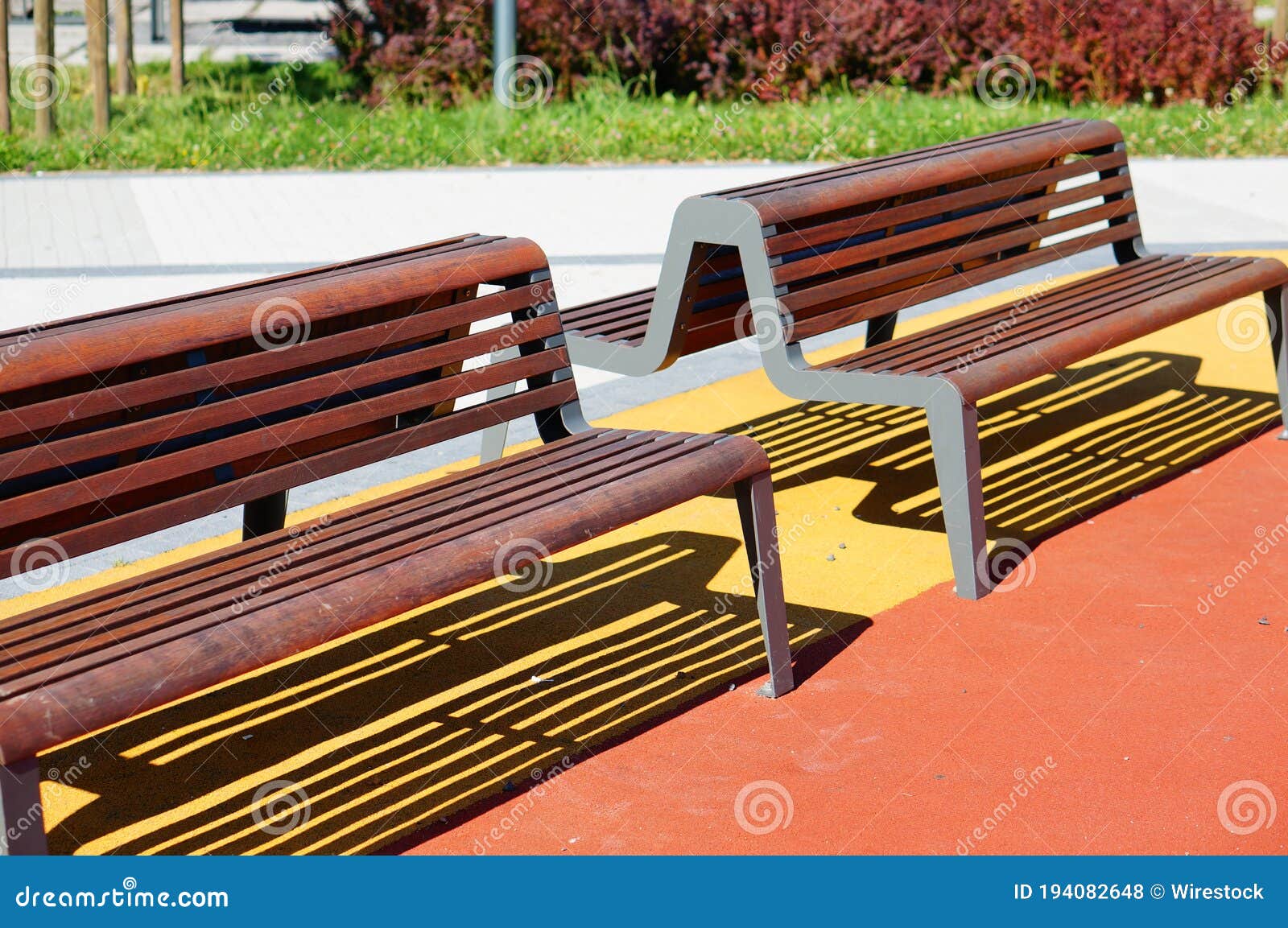 Park with Wooden Benches on a Sunny Day Stock Photo - Image of serene ...
