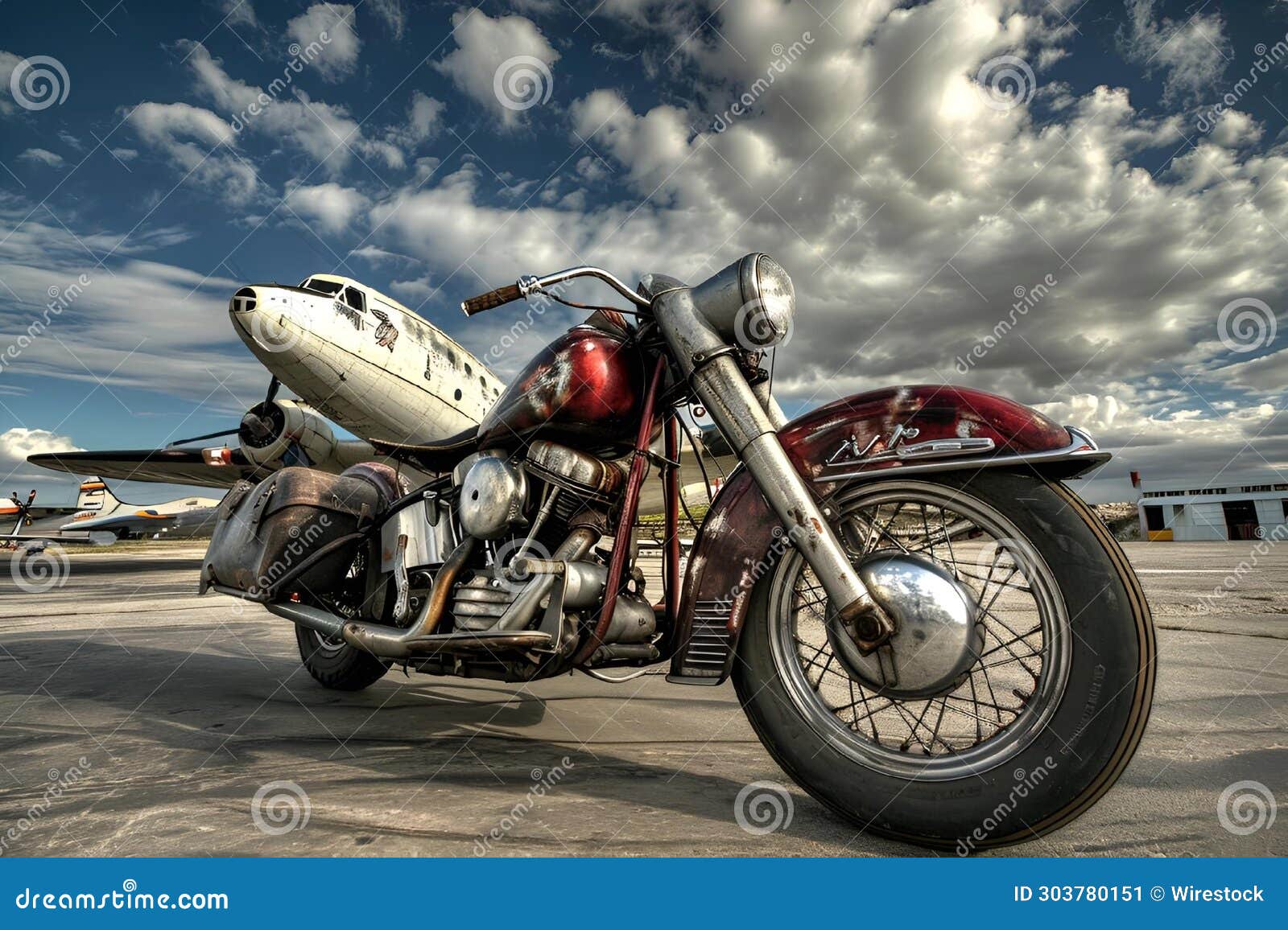 A Parked Motorcycle in Front of an Airplane on the Tarmac Stock ...