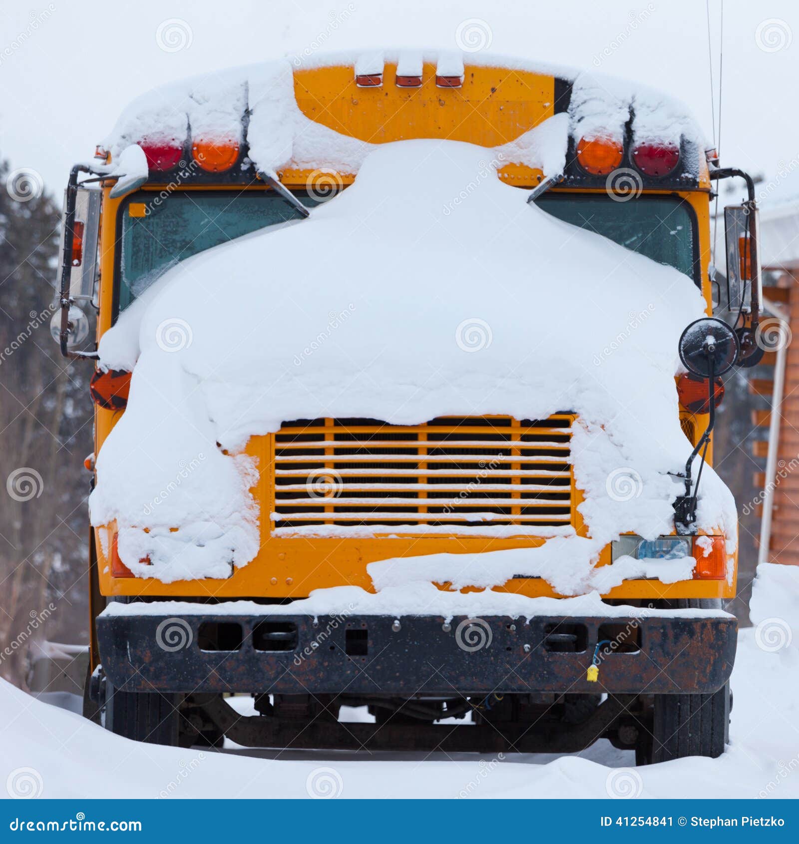 Parked School Bus Winter Blizzard Snow Cover Stock Image - Image of ...