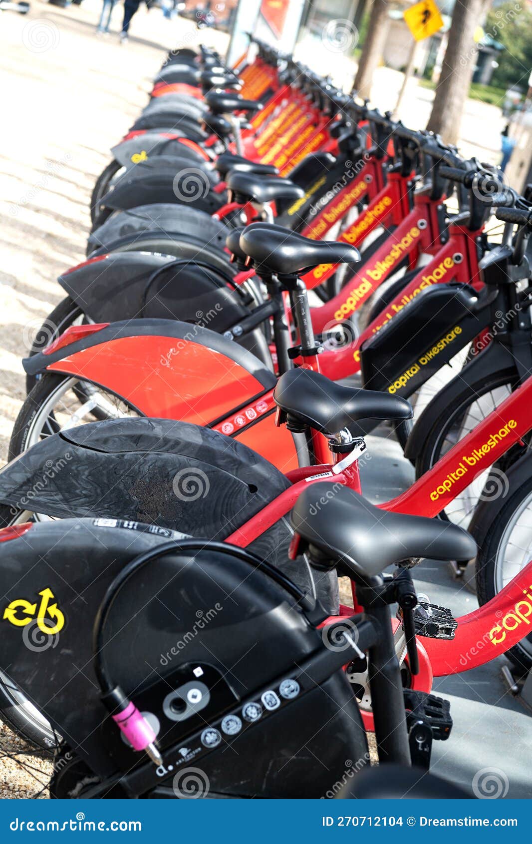 Parking for Rental Bikes in Central Washington. Row of Fixed Red Bikes ...