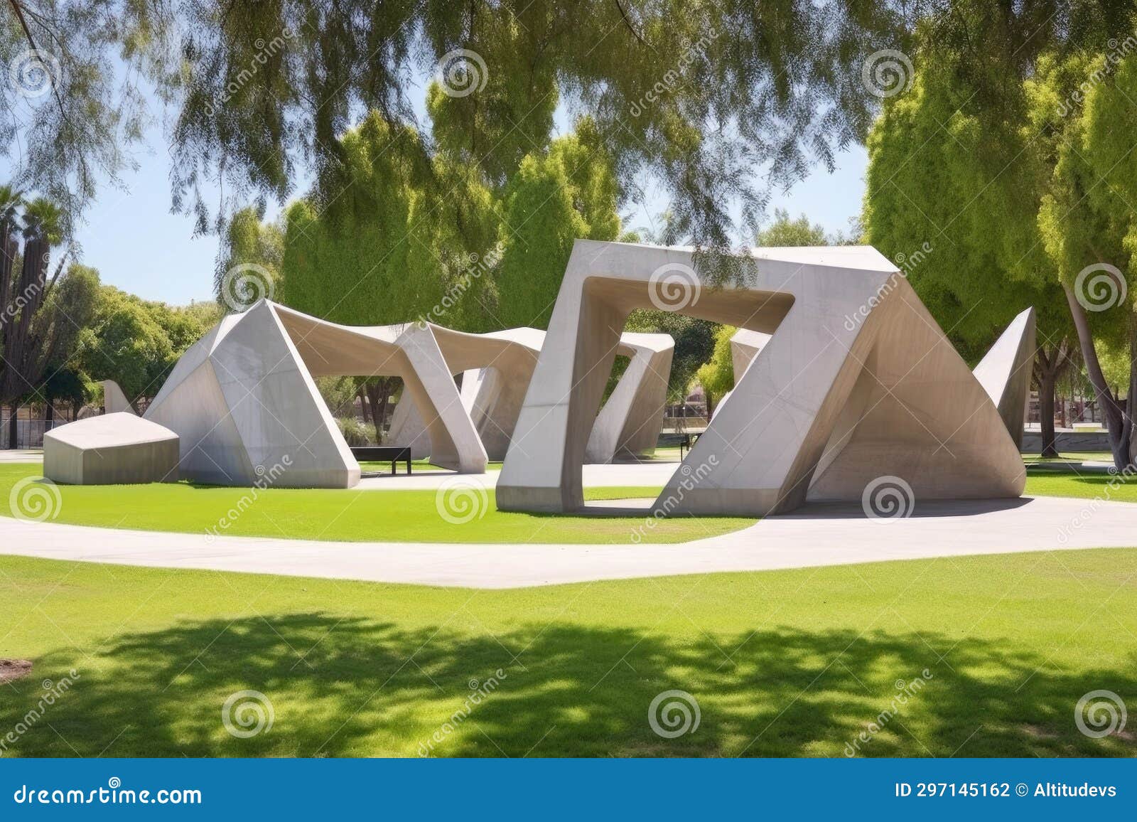 A Parkscape Featuring Irregular Geometric Concrete Structures Stock ...
