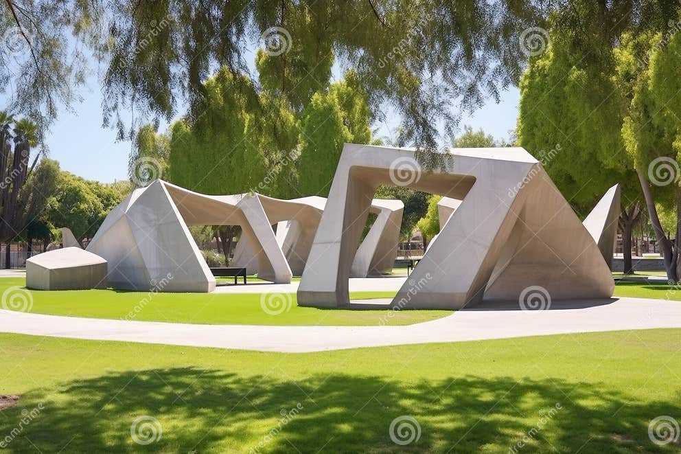 A Parkscape Featuring Irregular Geometric Concrete Structures Stock ...