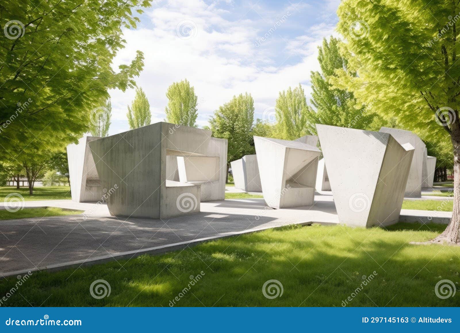A Parkscape Featuring Irregular Geometric Concrete Structures Stock ...