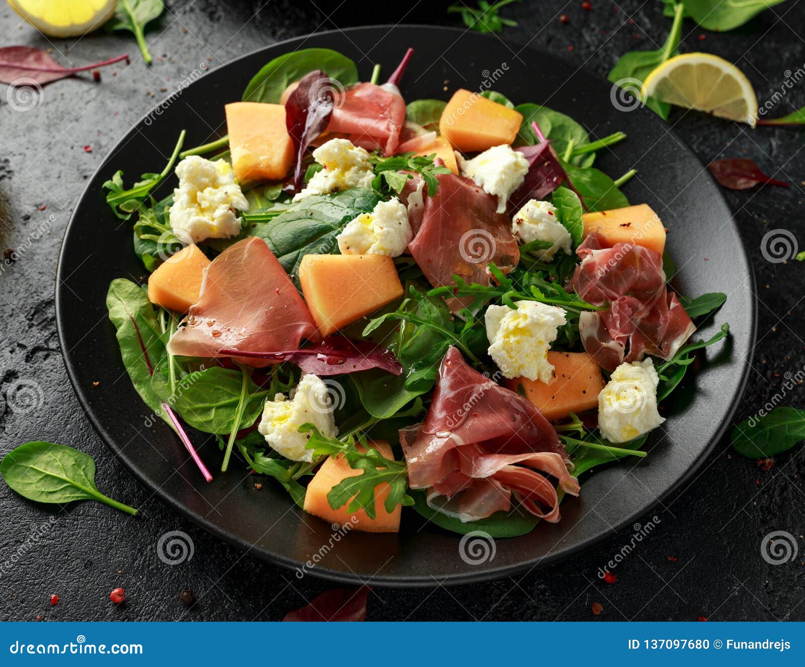 Parma Ham and Melon Salad with Mozzarella, Green Leaves Mix Stock Photo ...