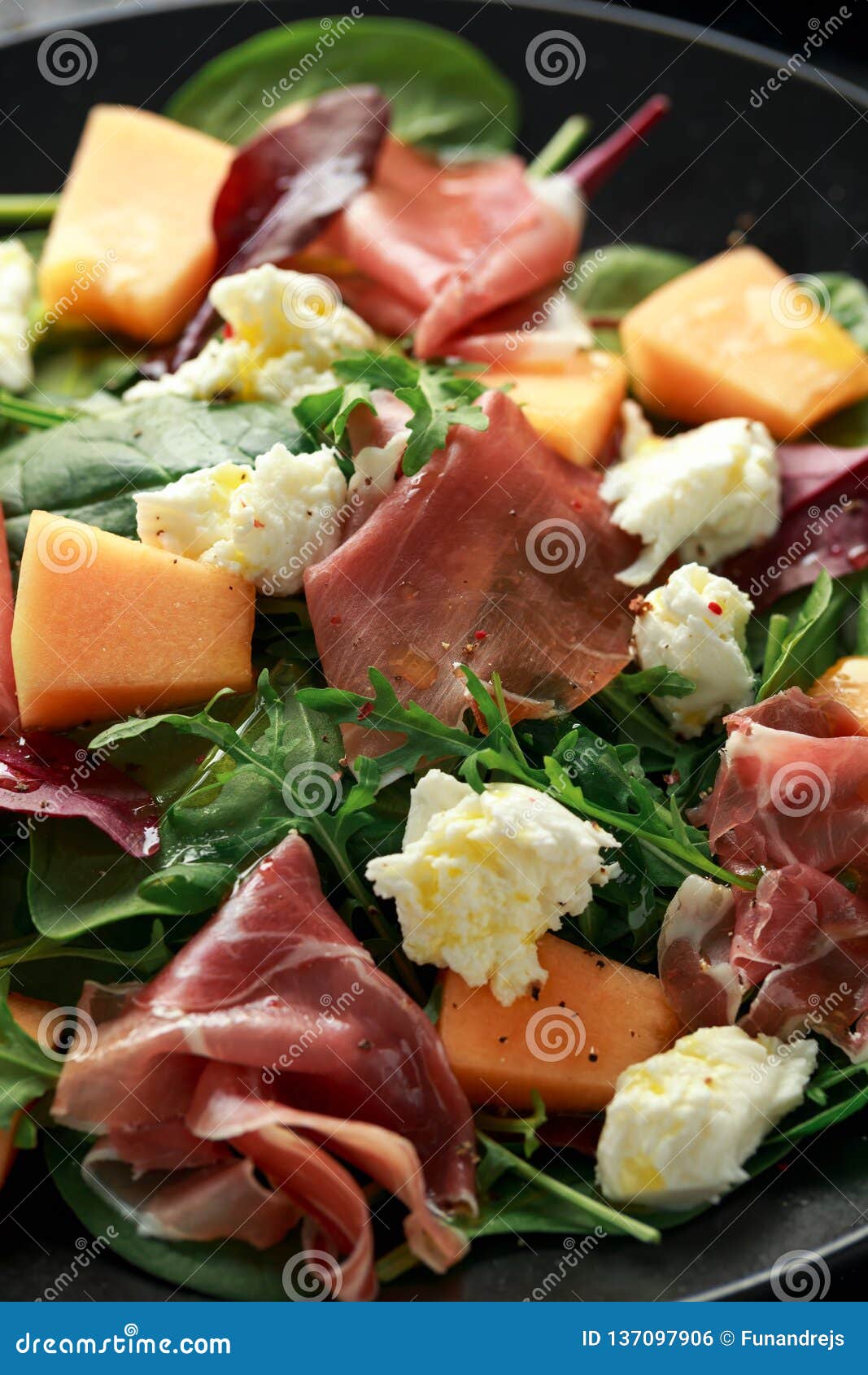 Parma Ham and Melon Salad with Mozzarella, Green Leaves Mix Stock Photo ...