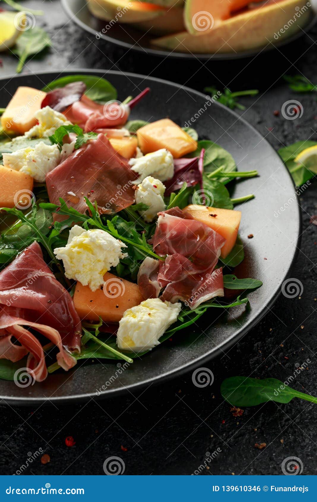 Parma Ham and Melon Salad with Mozzarella, Green Leaves Mix Stock Photo ...