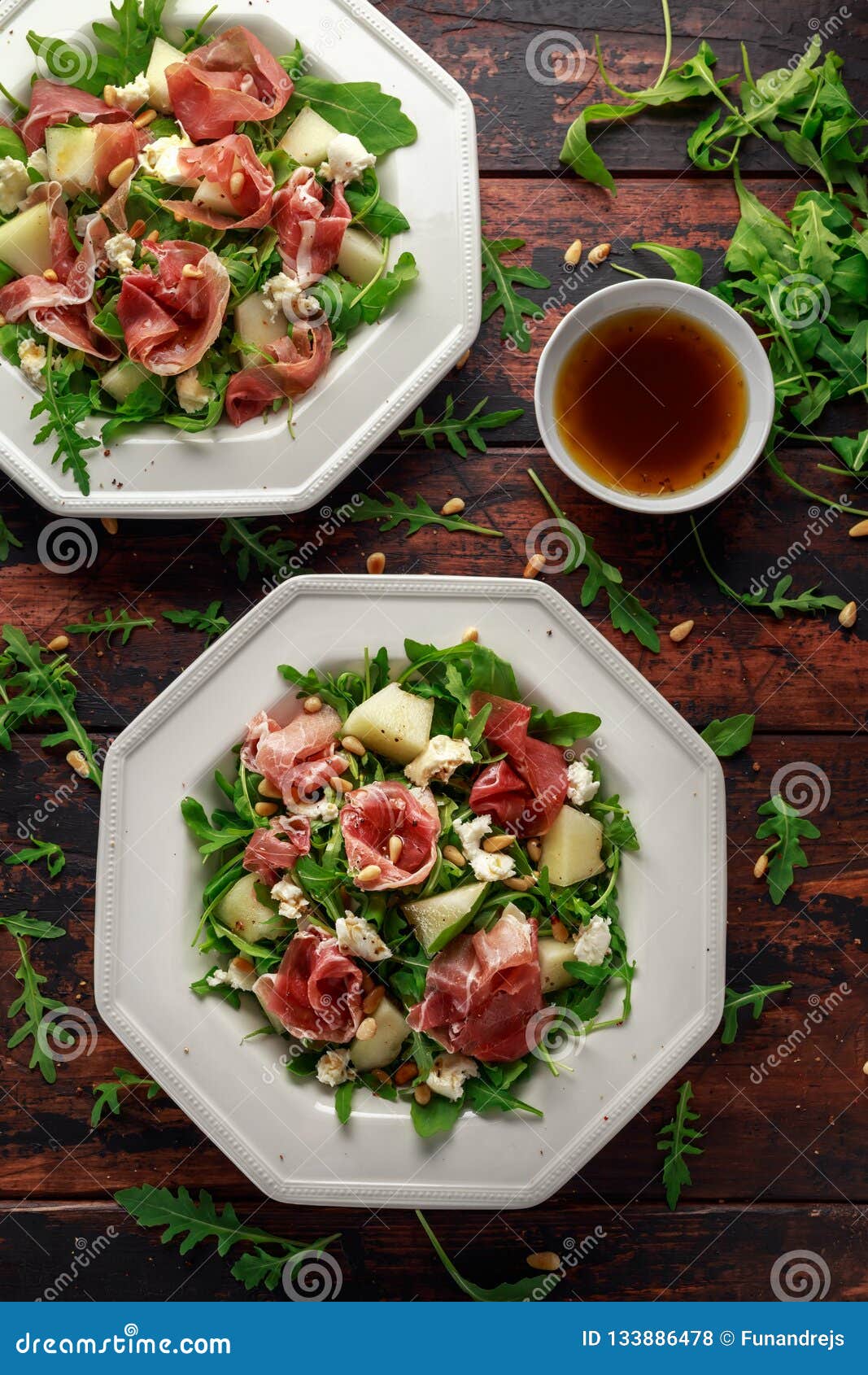 Parma Ham and Melon Salad with Mozzarella, Rocket and Pine Nuts Stock ...