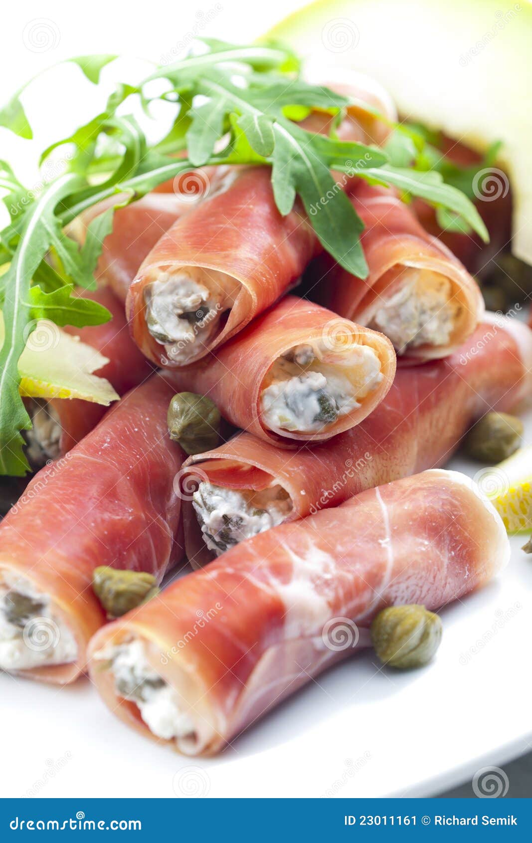 Parma ham rolls stock image. Image of rocket, cheese - 23011161