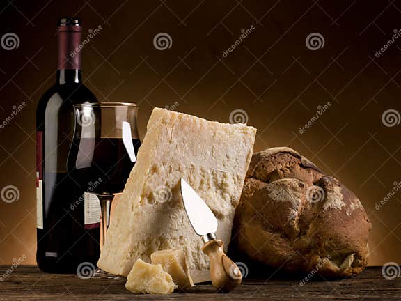 Parmesan Cheese Bread and Wine Stock Photo - Image of italian, crystal ...