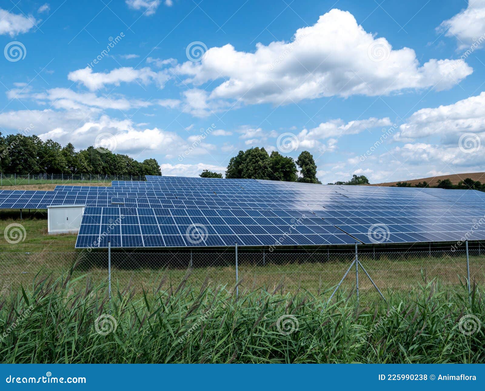 Parque solar en un campo foto de archivo. Imagen de casero - 225990238