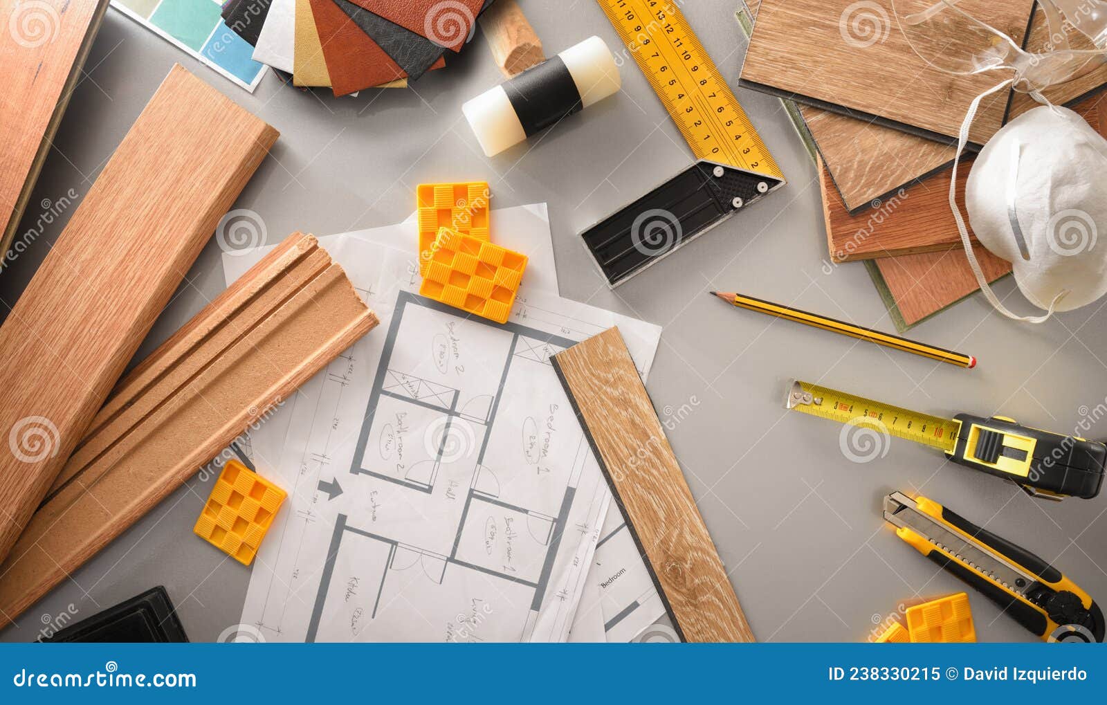 Parquet Installer Work Desk with Interior Project and Tools Stock Image ...