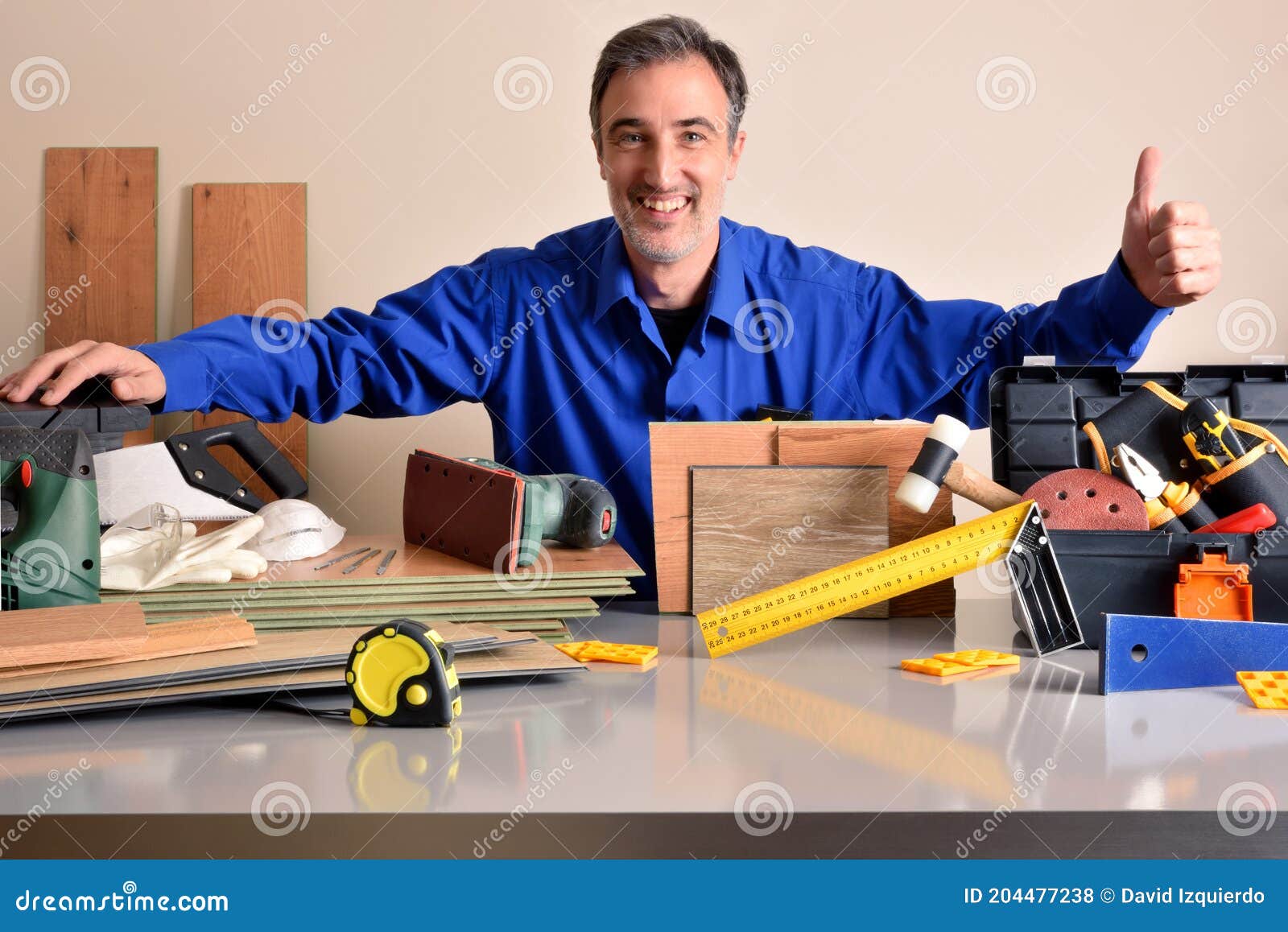 Parquet Supplier Showing Tools and Materials with Ok Gesture Stock ...