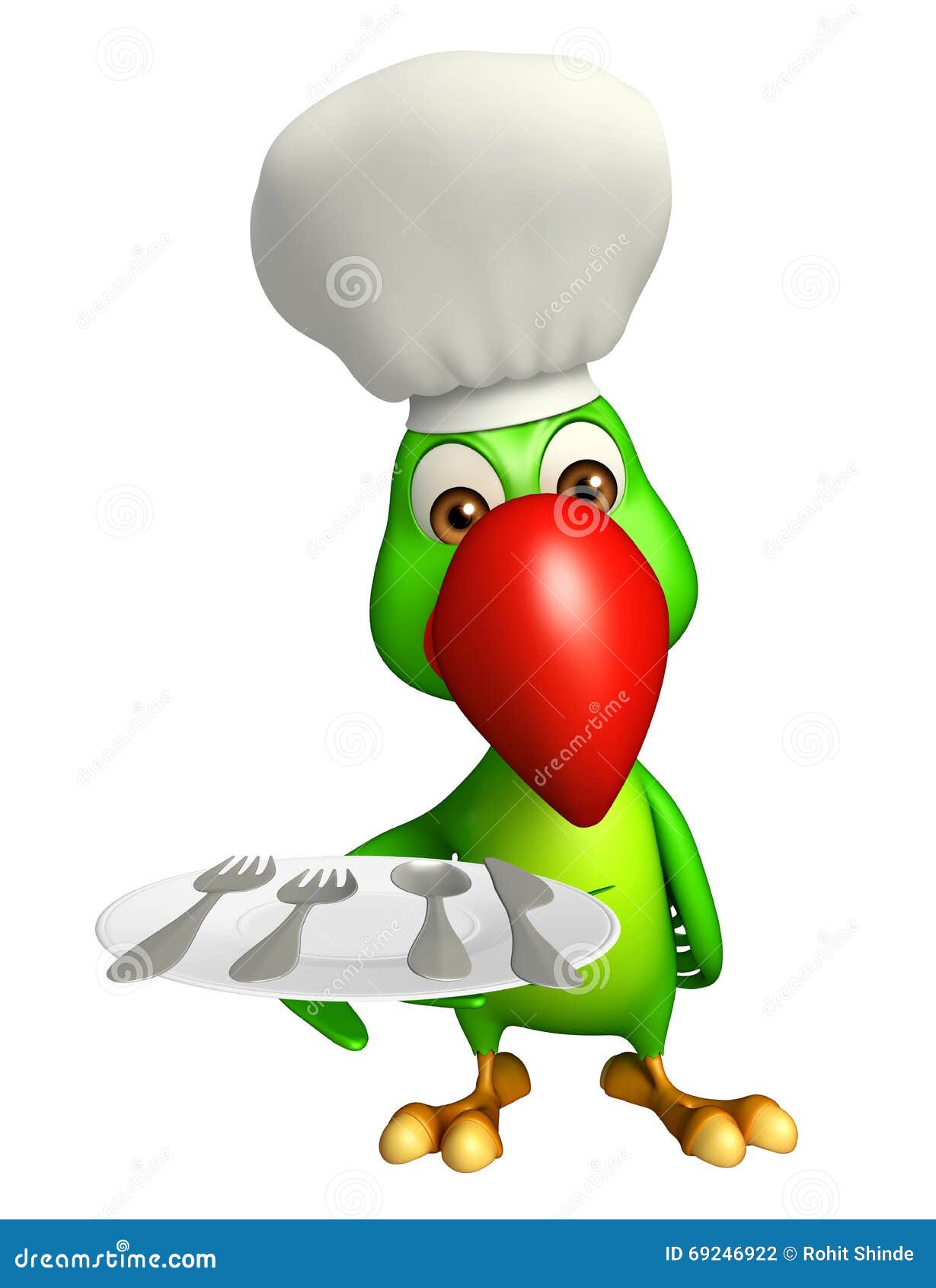Parrot Cartoon Character with Dinner Plate and Chef Hat Stock ...