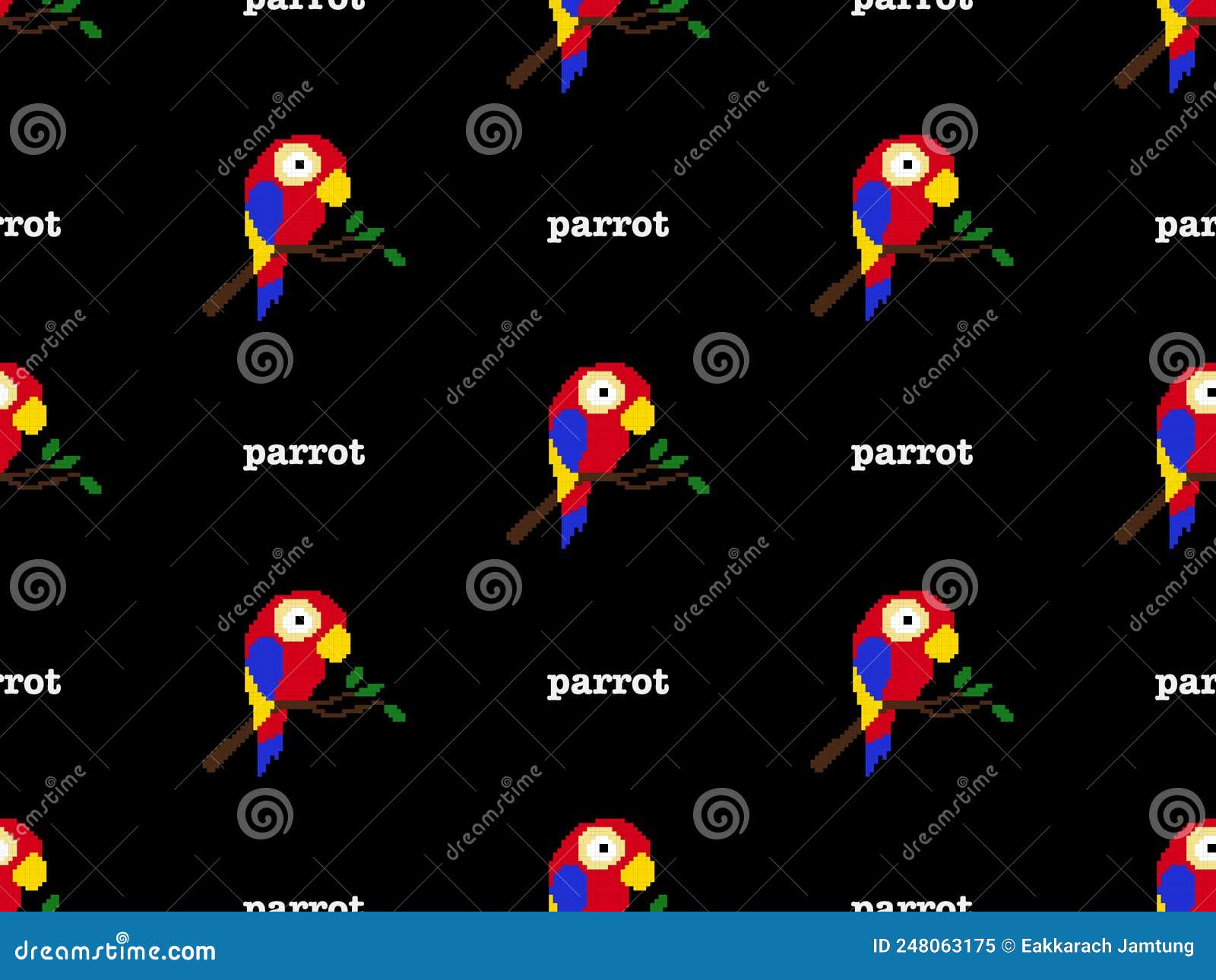 Parrot Seamless Pattern on Black Background. Pixel Style Stock Vector ...