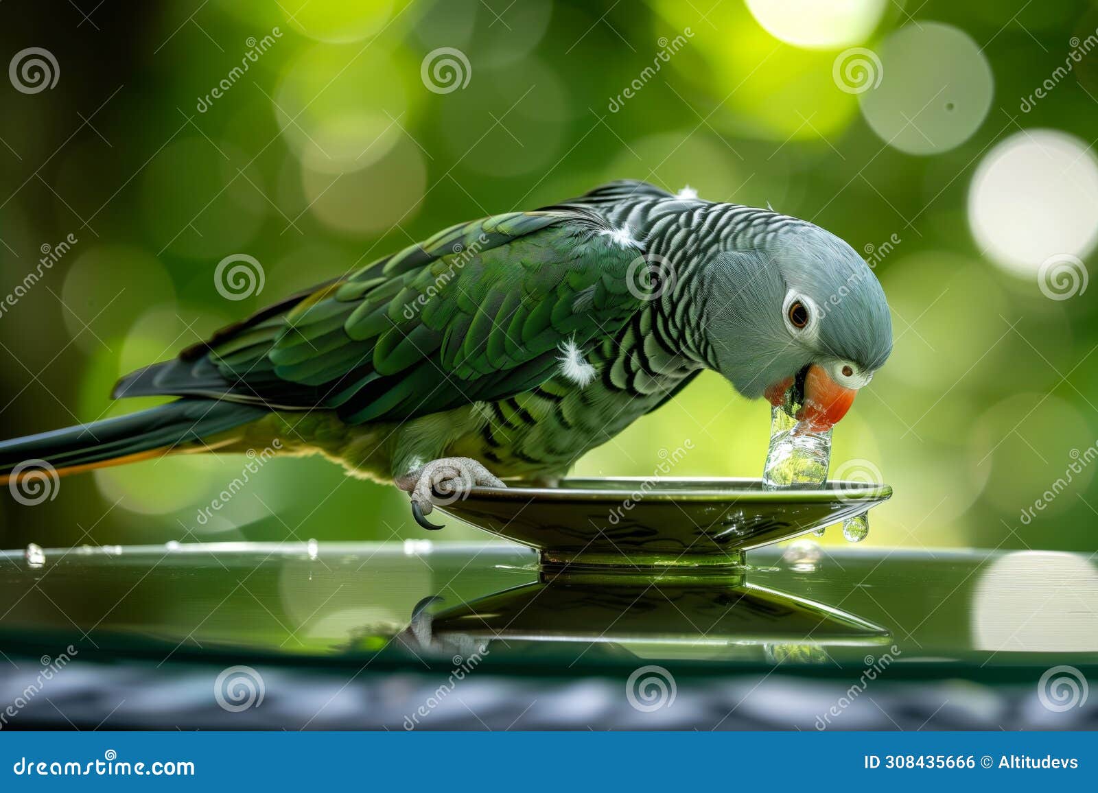 Parrot Drinking Water from a Dish with Its Reflection Visible Stock ...