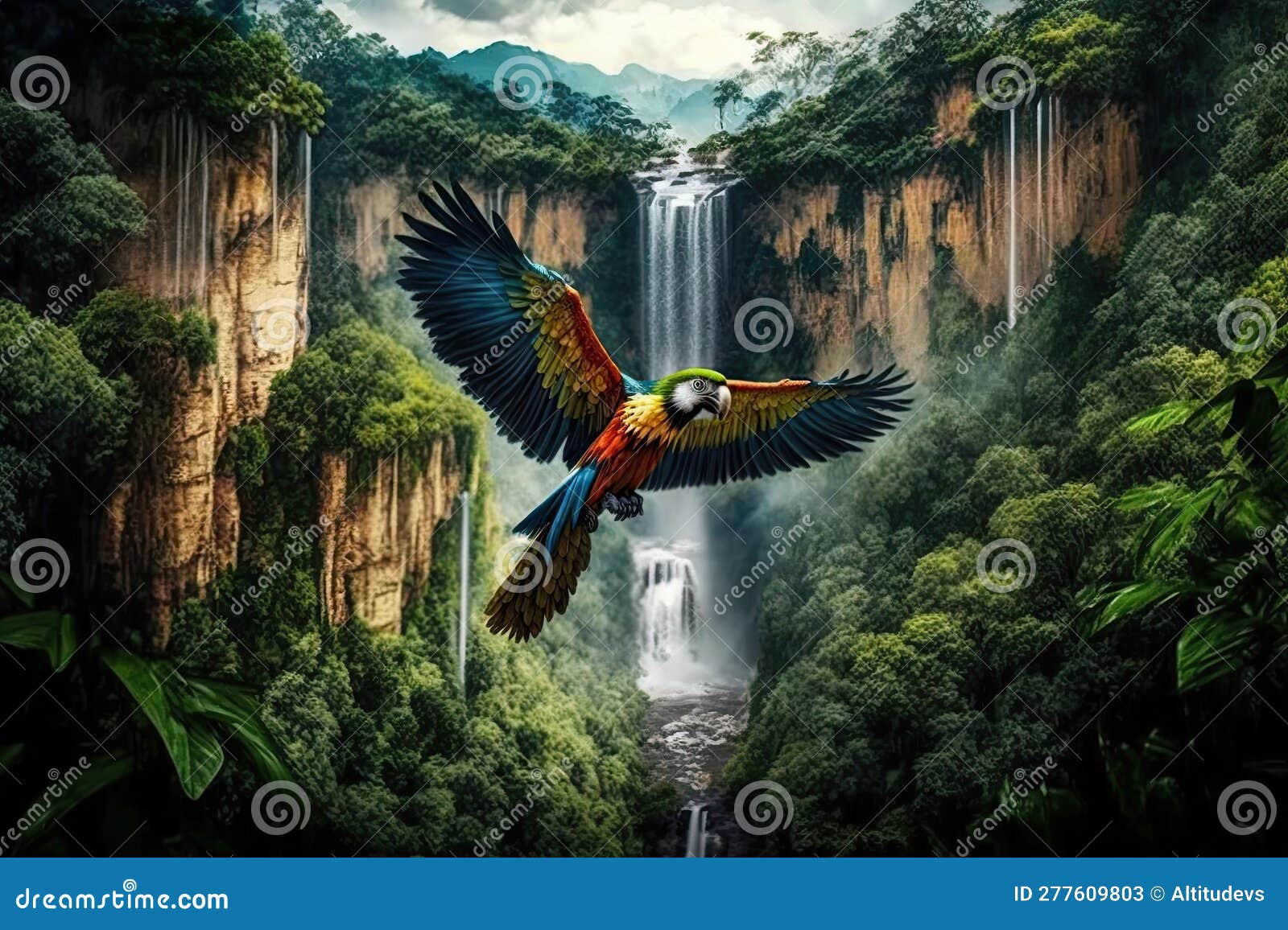 Parrot in Flight Over Lush Jungle, with View of Waterfalls and Rivers ...