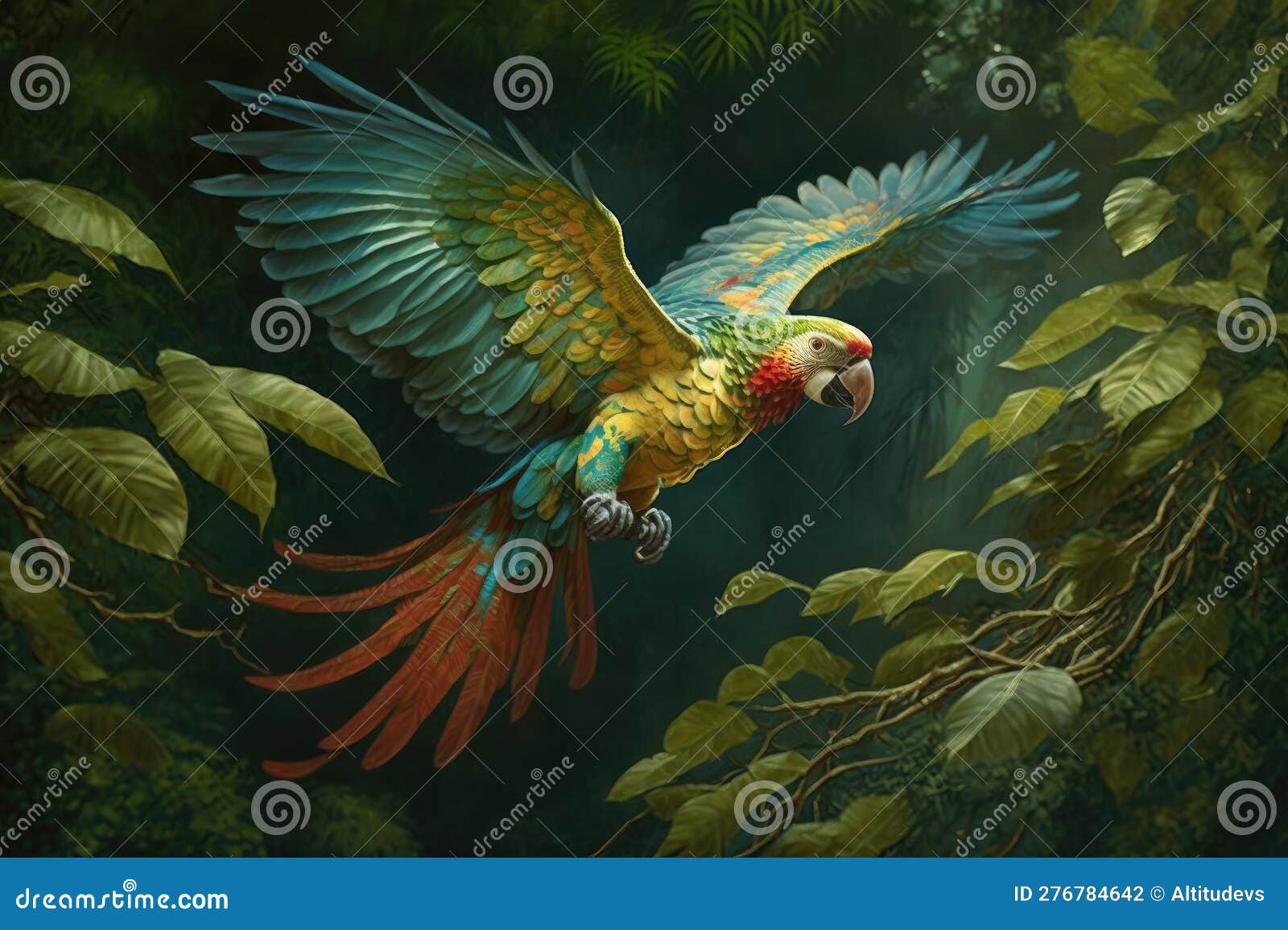 Parrot in Flight, Soaring through the Jungle Canopy Stock Illustration ...