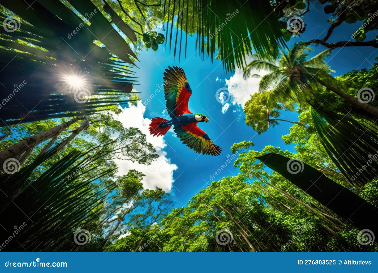 Parrot Flying through Jungle Canopy with View of the Sky Stock ...