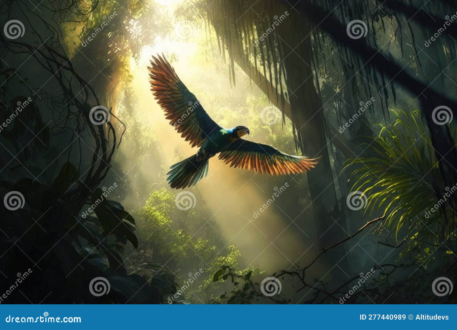 Parrot Flying Over Jungle Canopy, with Glimpse of Sunbeams through the ...