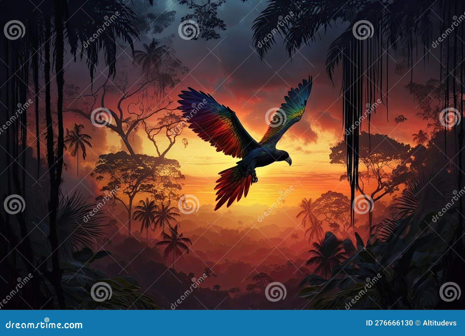 Parrot Flying Over Jungle Canopy, with View of Tropical Sunset Stock ...