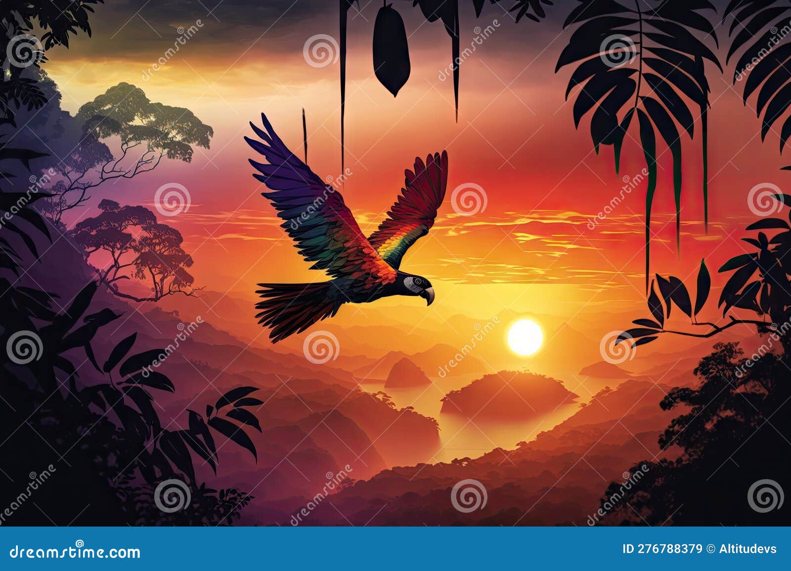Parrot Flying Over Jungle Canopy, with View of Tropical Sunset Stock ...