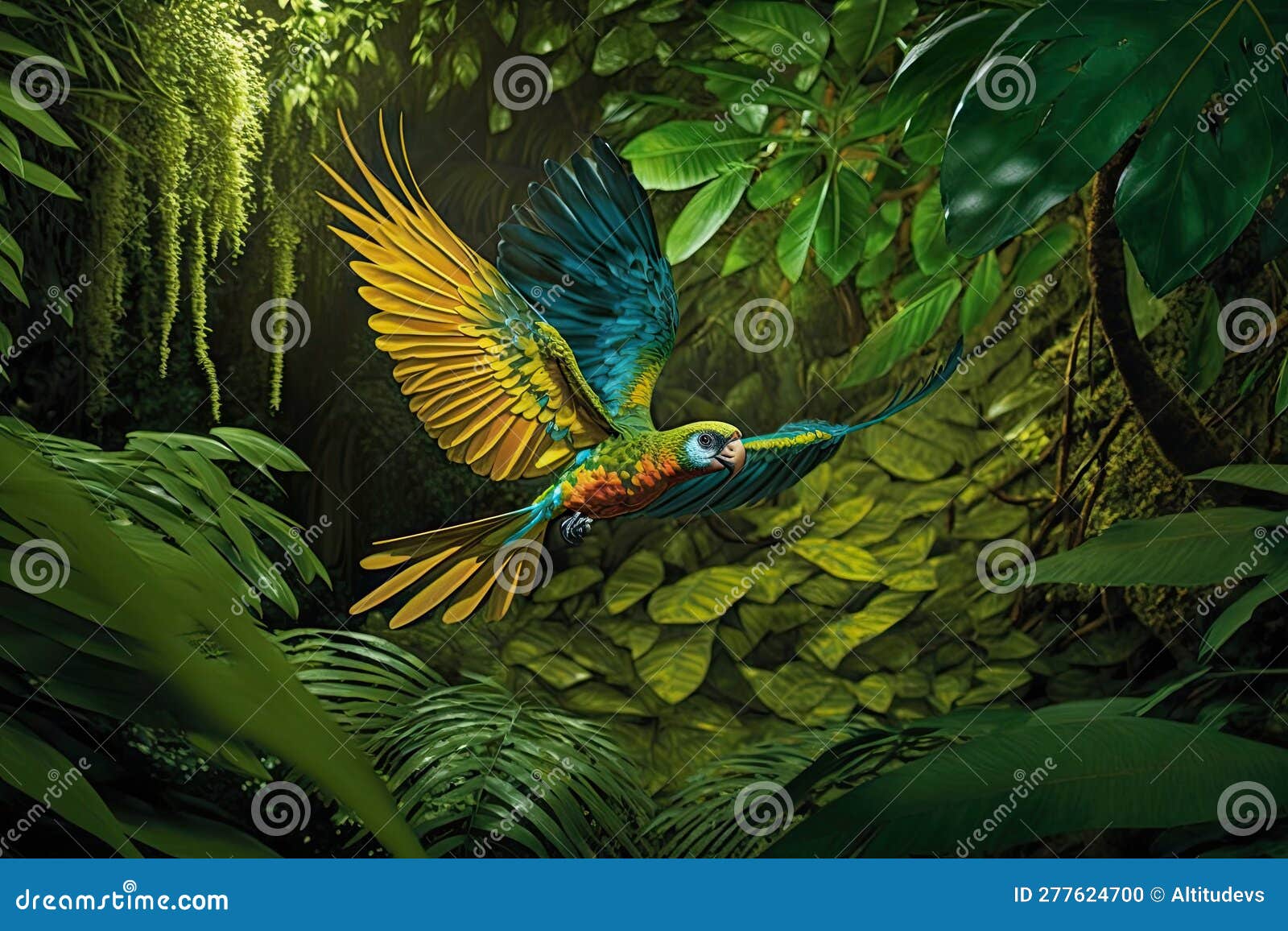 Parrot Flying among Vines in Jungle Canopy Stock Photo - Image of ...