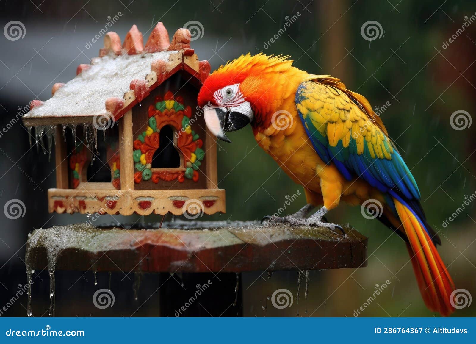 Parrot Grooming Its Feathers while Resting on a Bird Feeder Stock Image ...