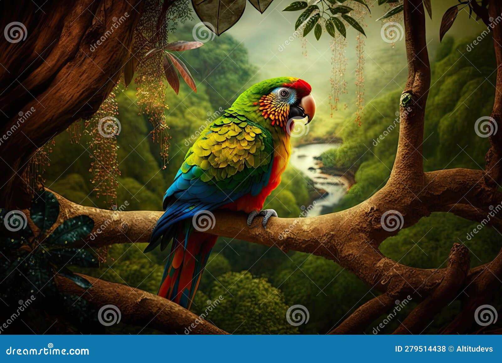 Parrot Hanging From Tree Branch, With Jungle In The Background Royalty ...