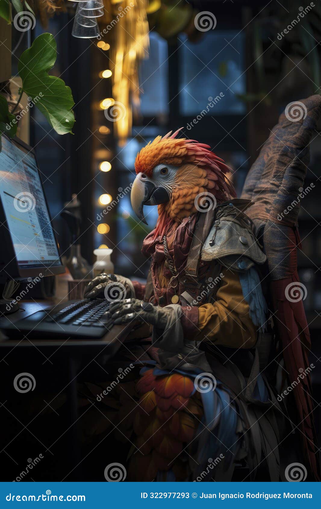 Parrot in Human Form Using a Computer. Generative Ai Stock Illustration ...