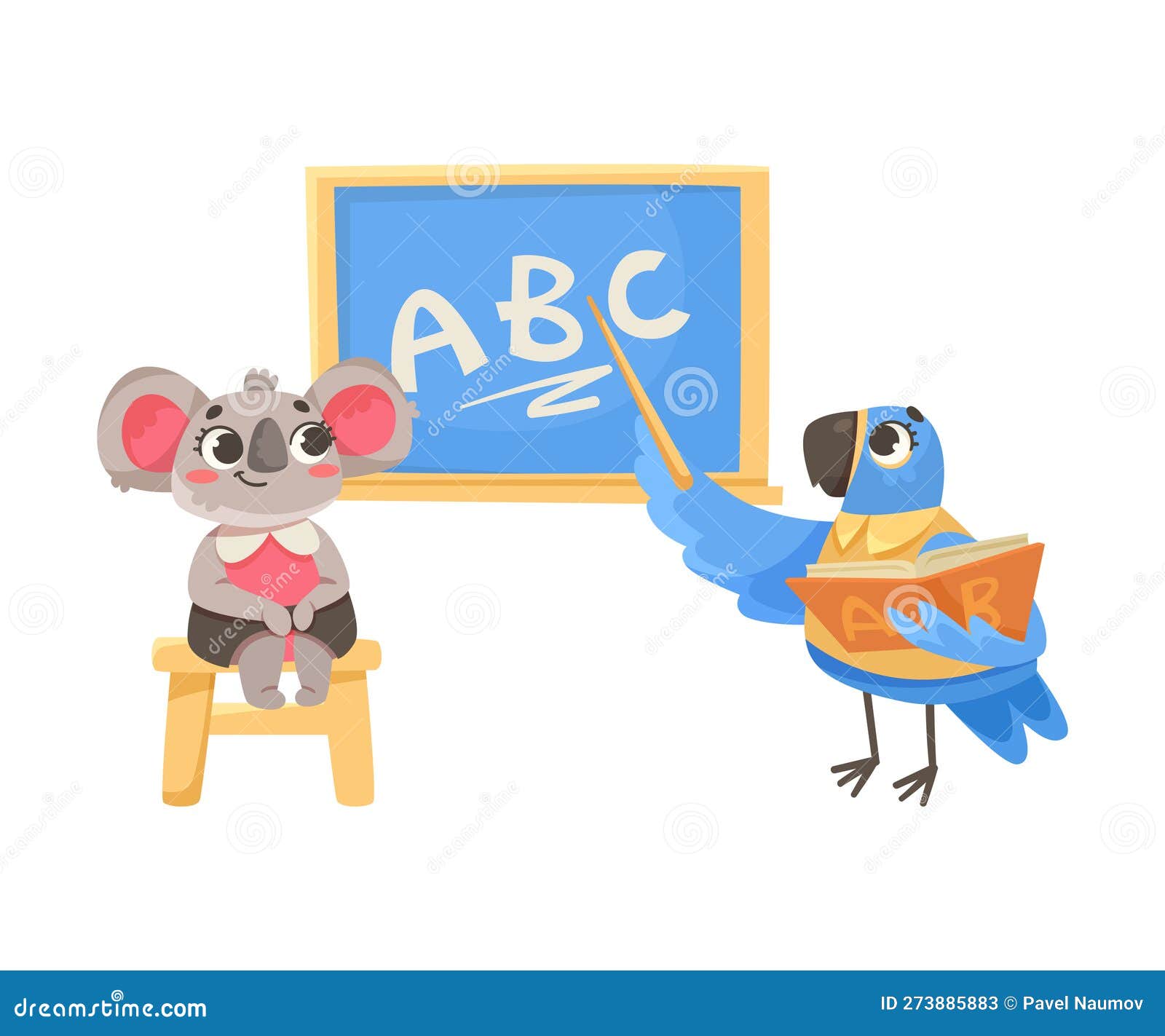 Parrot and Koala Student with Pointer at Chalkboard Studying at School ...