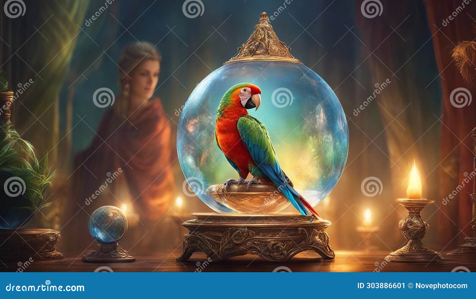 Parrot. Magic Parrot with a Crystal Ball. Fantasy Bird. the Interior of ...